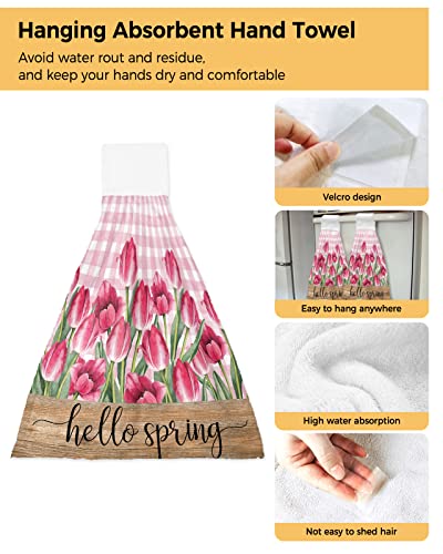 1 Pcs Hanging Towel Pink Tulip Farm Hello Spring Hand Towels Dish Towel for Kitchen Bathroom Absorbent Tie Towels Tea Bar Towels with Loop