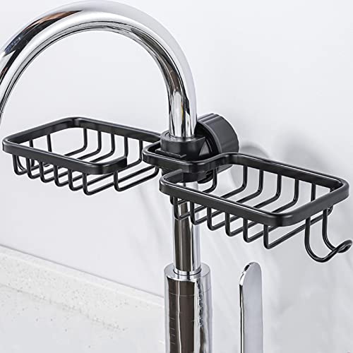 Faucet Sponge Double Holder, Sink Caddy Stainless Steel Faucet Drainage Shelf for Kitchen Sink, Shower Caddy Hanging Bath Shelf Organizer Basket, With Hook Drain Shelf (Black)