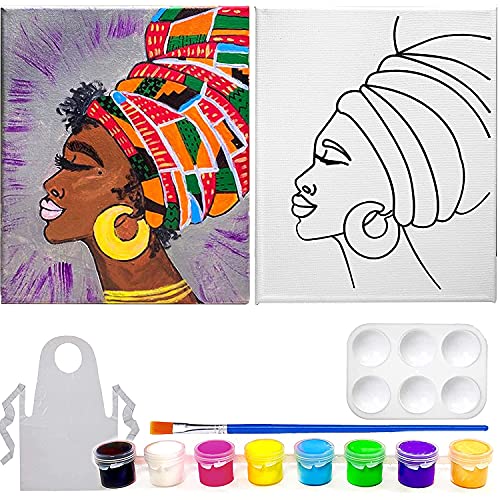 Indigo Art Studio Pre Drawn Canvas Paint Kit for Adults | Stenciled 12 Acrylic Paints, Smock, Brush, Pallet | Art Activity | Afro Retro | Birthday & Sip and Paint Twist Party Queen #4 (8x10 Inches)