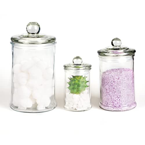 Easeen Mini Glass Apothecary Jars, Bathroom Storage Organizer Canisters for Cotton Swabs, Cotton Balls, Makeup Sponges, Bath Salts, Hair Ties, Makeup - Set of 3