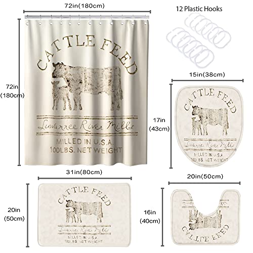 Final Friday Farmhouse Cattle Feed Cow Rustic Bathroom Sets with Shower Curtain 72Wx72H and Rugs and Accessories Decor with Bath Mat, U-Shaped Contour Velvet Washable 20 x 31 inches Ivory White
