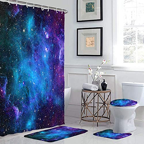 Universe Outer Space Theme 4 Pcs Toilet Lid Cover Bath Mat, Starry Galaxy Shower Curtain Set with Rugs, Flower Shower Curtain with 12 Hooks, Shower Curtain for Bathroom (Starry Sky)