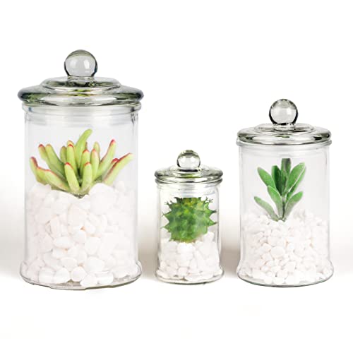 Easeen Mini Glass Apothecary Jars, Bathroom Storage Organizer Canisters for Cotton Swabs, Cotton Balls, Makeup Sponges, Bath Salts, Hair Ties, Makeup - Set of 3