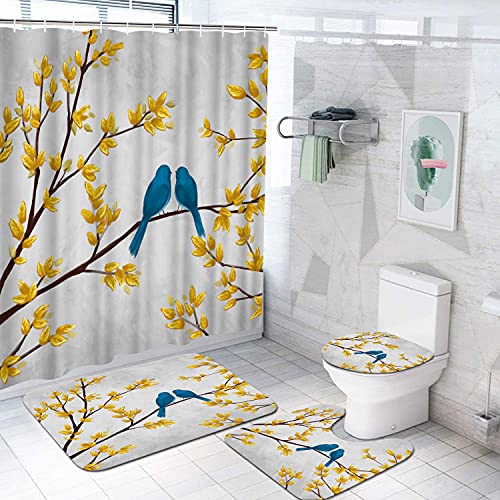DuoBaorom 4 Pieces Set Tree Bird Shower Curtain Set Blue Love Birds on Yellow Tree Branch Picture Print on Non-Slip Rugs Toilet Lid Cover Bath Mat and Bathroom Curtain with 12 Hooks 72x72inch