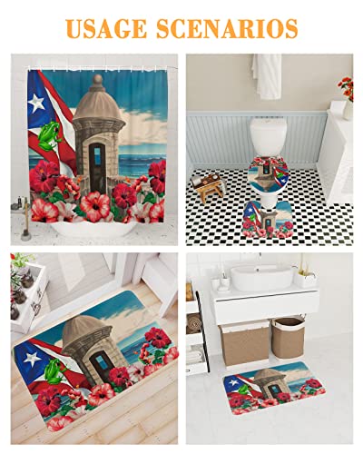 4 Piece Shower Curtain Sets Puerto Rico Flag Frog with Awesome Hibiscus Ocean Coastal Architecture Include Non-Slip Rug,Toilet Lid Cover,Bath Mat& Shower Curtain Waterproof with 12 Hooks for Bathroom