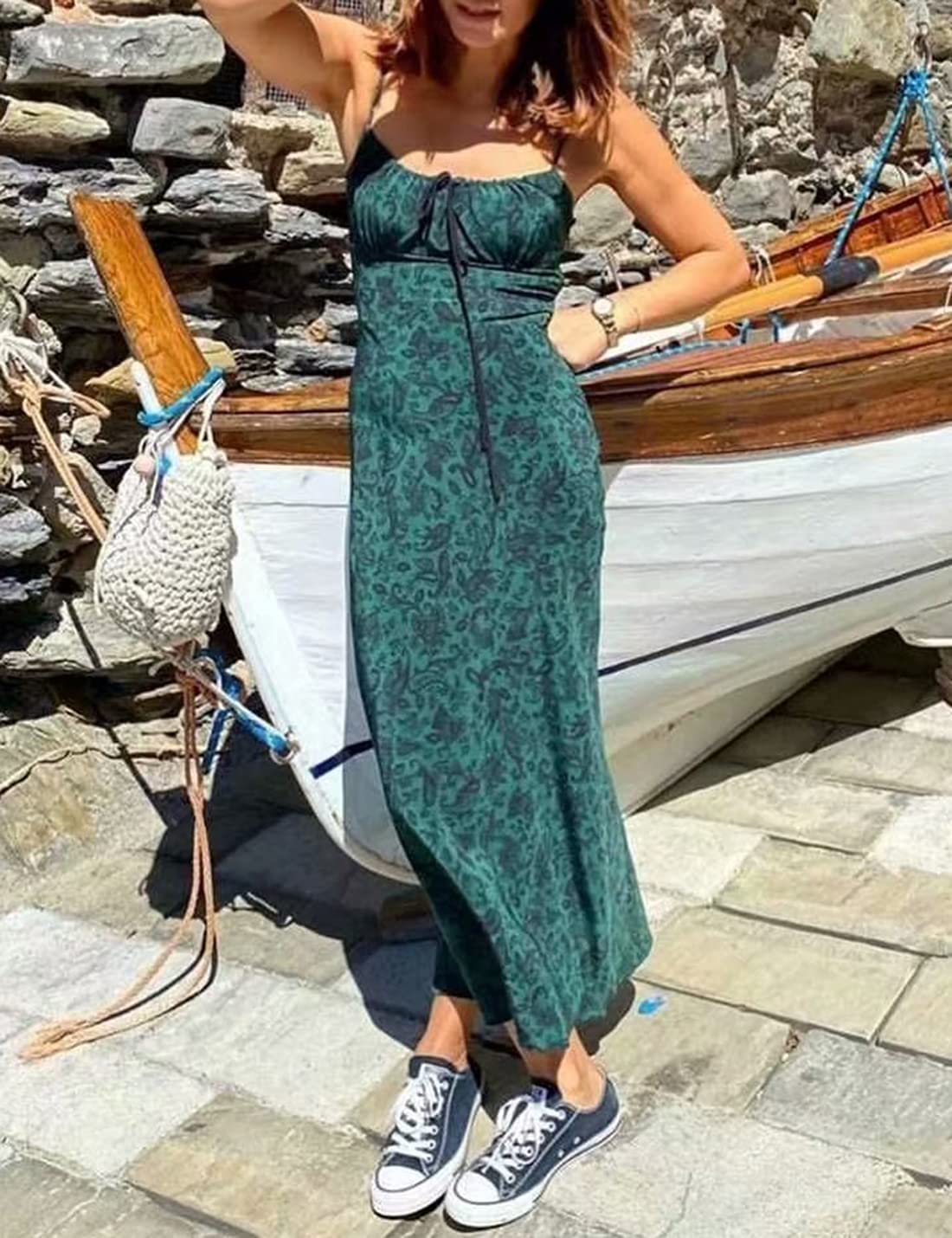 Omoone Womens Floral Dress Low-Cut Square Neck Spaghetti Strap Tie Bodycorn 90s Y2k Sun Dresses (01Green, Medium)