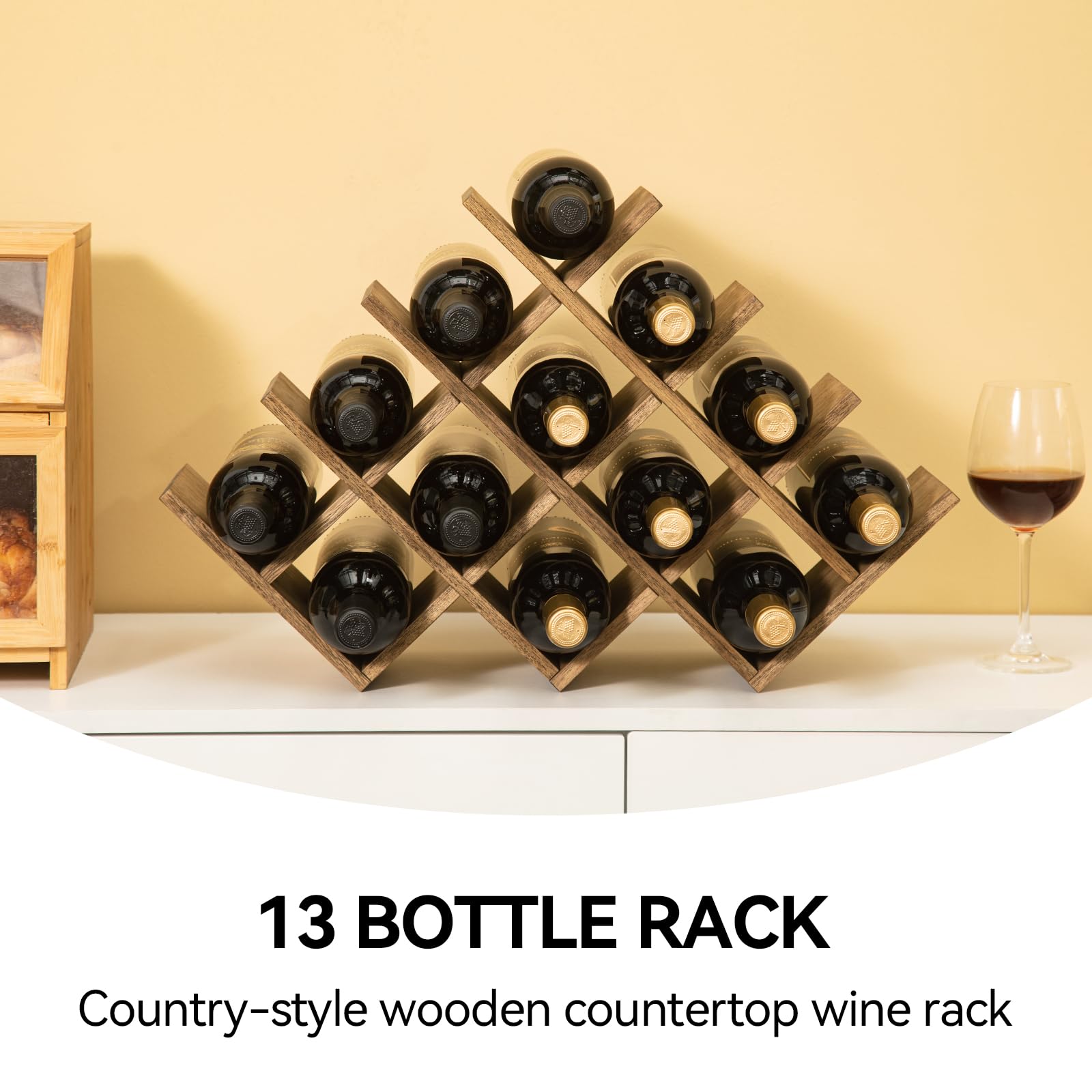 KIRIGEN 13-Bottle Wine Rack - 4-Tier Nature Wood Wine Display Rack/Standing and Countertop Wine Storage Shelf - Bottle Holder/Cabinet Glass Rack 4-Layer Dark Brown XHJJ4-DBR