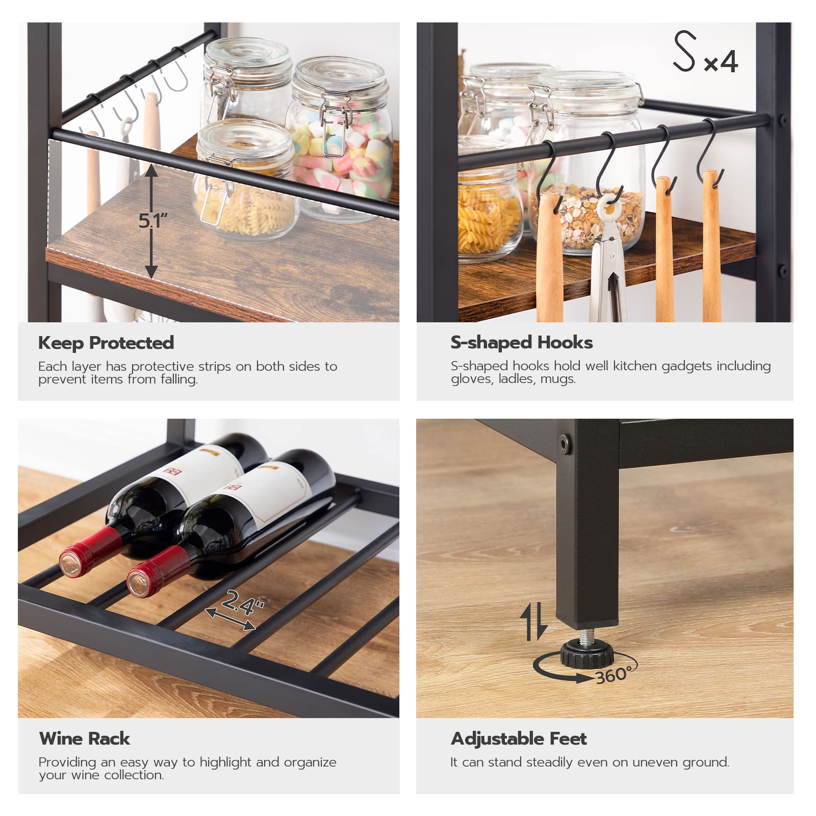HOOBRO Kitchen Island with Wine Rack, Industrial Kitchen Counter with Hooks and Protective Rails, 3 Tier Kitchen Shelf with Large Workstation, Easy Assembly, Rustic Brown BF02ZD01