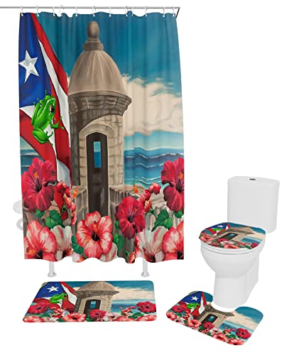4 Piece Shower Curtain Sets Puerto Rico Flag Frog with Awesome Hibiscus Ocean Coastal Architecture Include Non-Slip Rug,Toilet Lid Cover,Bath Mat& Shower Curtain Waterproof with 12 Hooks for Bathroom