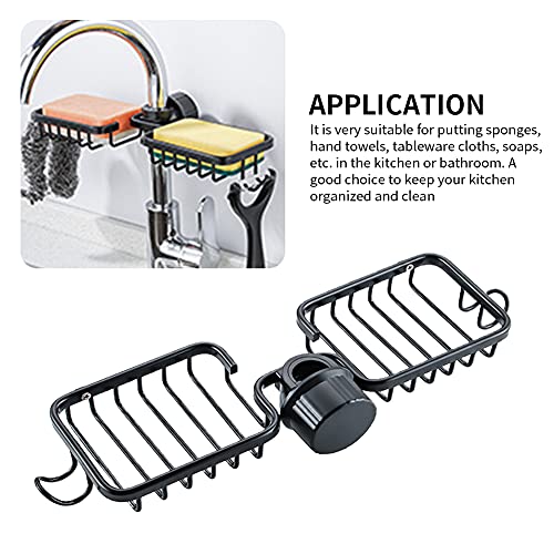 Faucet Sponge Double Holder, Sink Caddy Stainless Steel Faucet Drainage Shelf for Kitchen Sink, Shower Caddy Hanging Bath Shelf Organizer Basket, With Hook Drain Shelf (Black)