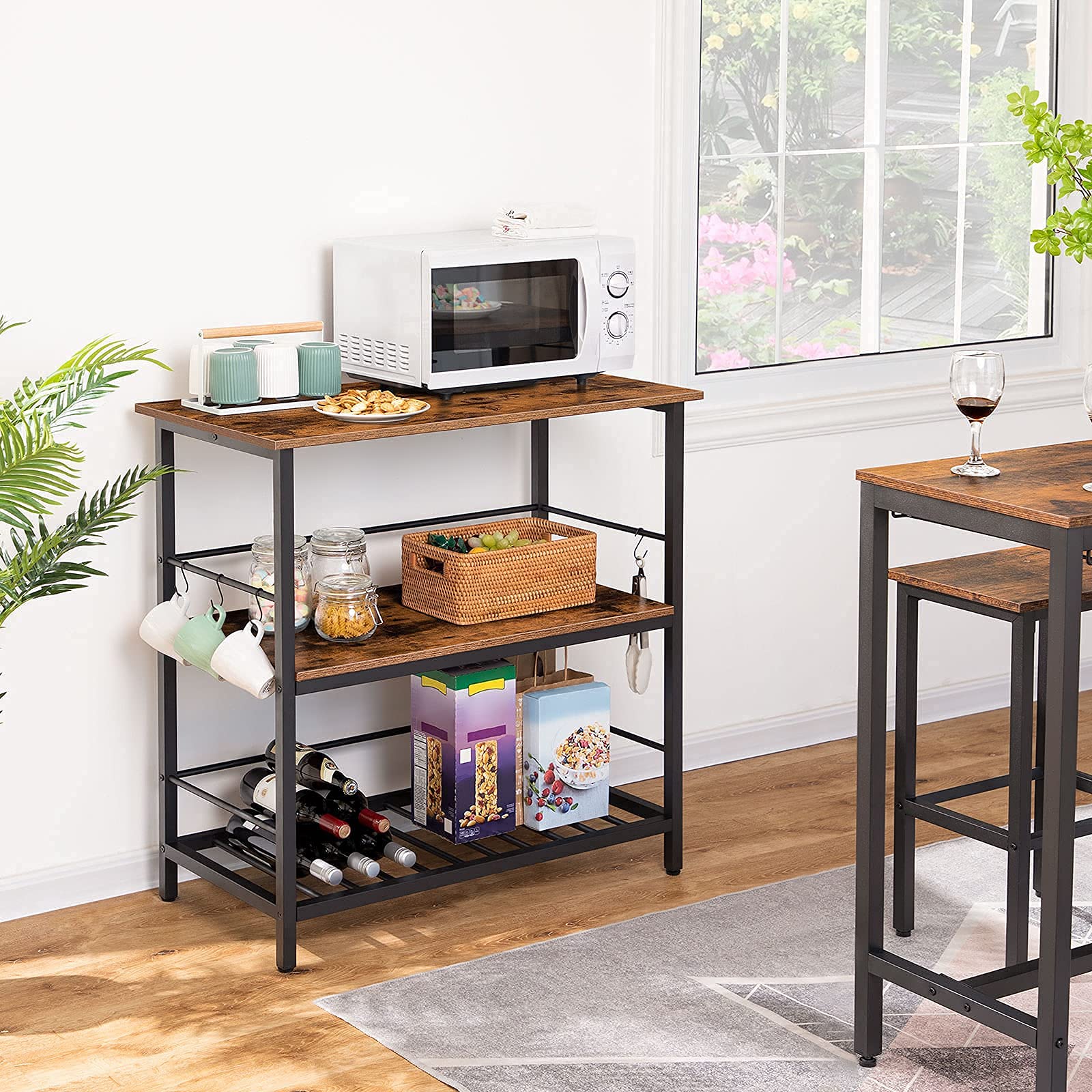 HOOBRO Kitchen Island with Wine Rack, Industrial Kitchen Counter with Hooks and Protective Rails, 3 Tier Kitchen Shelf with Large Workstation, Easy Assembly, Rustic Brown BF02ZD01