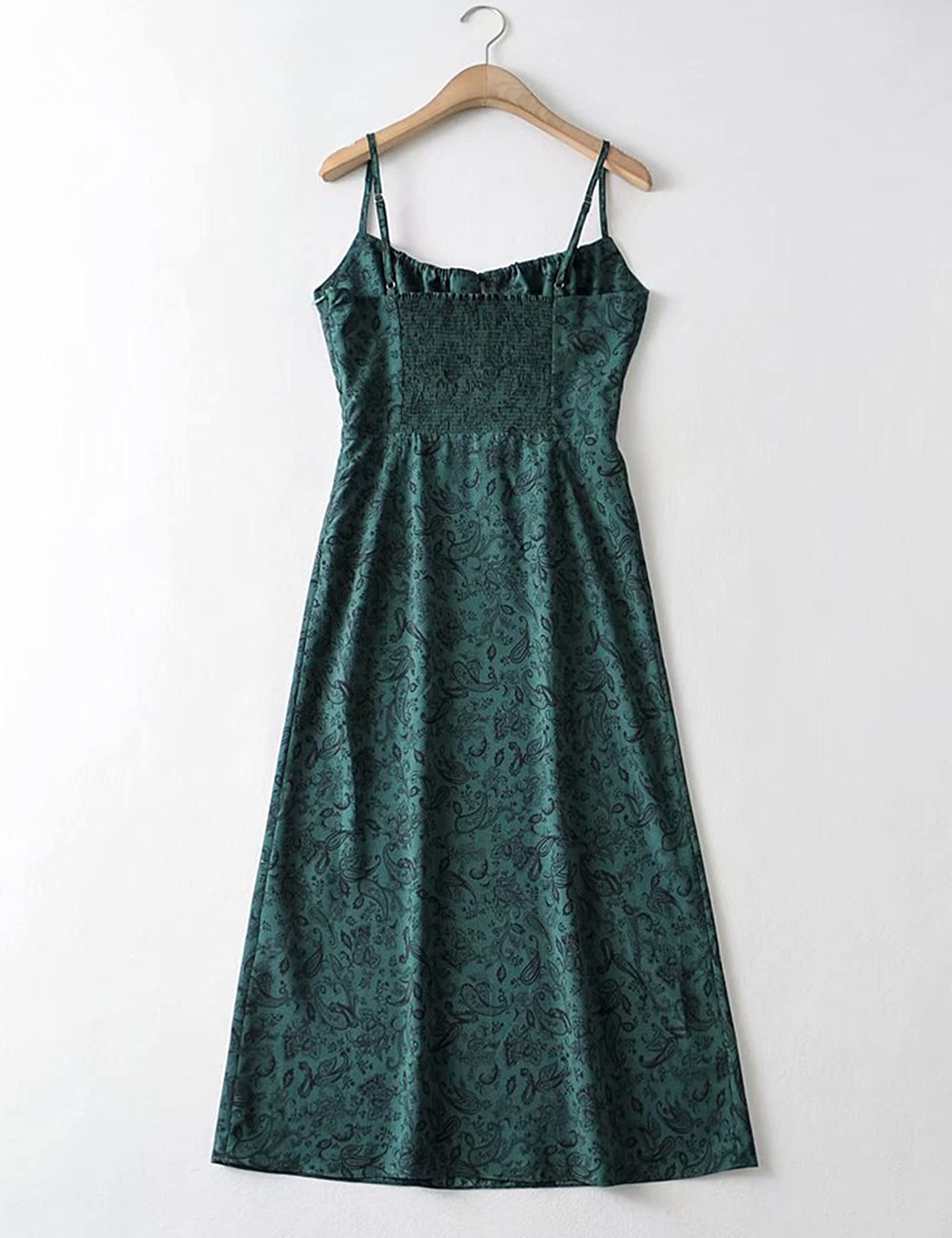 Omoone Womens Floral Dress Low-Cut Square Neck Spaghetti Strap Tie Bodycorn 90s Y2k Sun Dresses (01Green, Medium)