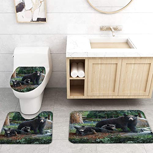 Funny Black Bear Shower Curtain Set,Bathroom Sets with Shower Curtain and Rugs,Bathroom Decor Shower Curtain Sets- 70.86" x 70.86" Shower Curtain,12 Hooks,Non-Slip Bath Mat,Contour Mat