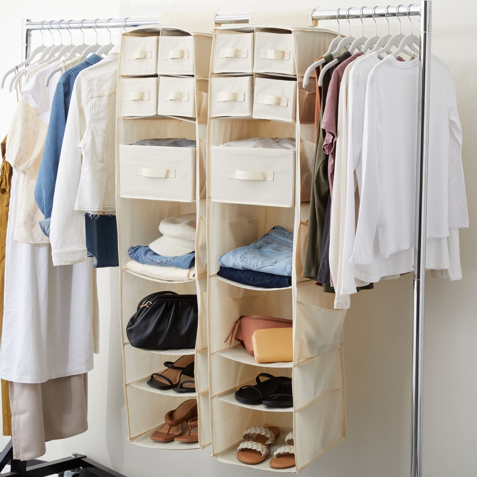 Juvale 2-Pack 7-Shelf Hanging Closet Organizer with 5 Drawers, 4 Shelves, and 4 Side Pockets, Foldable Non-Woven Cloth Storage for Bedroom and Hallway Closets (11.8x11.8x51 in, Beige)