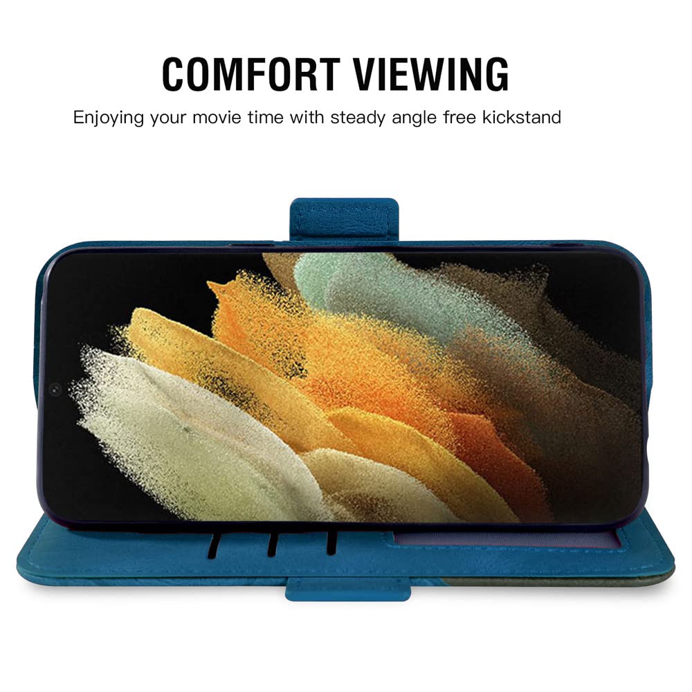 Compatible with Samsung Galaxy S21 Ultra 5G Wallet Case and Tempered Glass Screen Protector Wrist Strap Leather Flip Card Holder Stand Cell Phone Cover for S21ultra 21S S 21 21ultra G5 Women Men Blue
