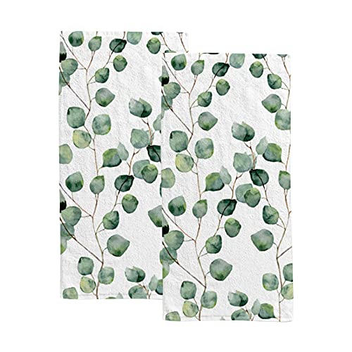 My Daily Watercolor Green Floral Hand Towel Set of 2, Eucalyptus Leaves Face Towel Thin Washcloths 30x15 inch, Portable Absorbent Soft Towels for Gym Yoga Spa Bathroom Decor