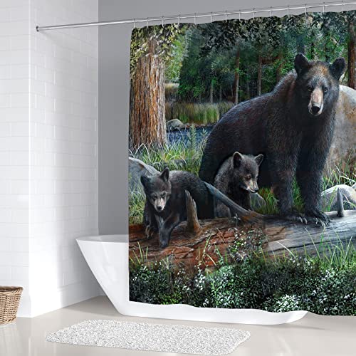 Funny Black Bear Shower Curtain Set,Bathroom Sets with Shower Curtain and Rugs,Bathroom Decor Shower Curtain Sets- 70.86" x 70.86" Shower Curtain,12 Hooks,Non-Slip Bath Mat,Contour Mat