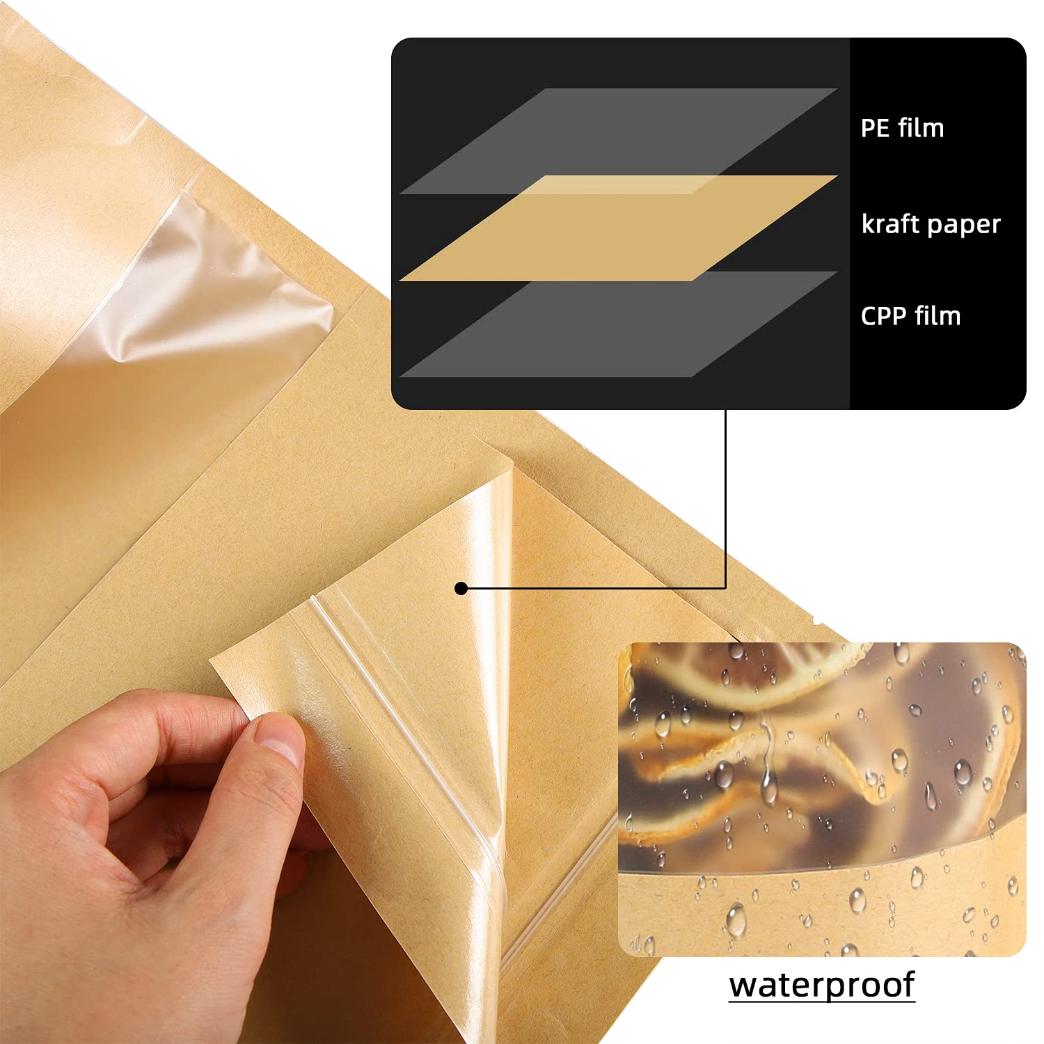 100 Pcs Kraft Stand Up Pouches 3.5 x 5.5 Inch Resealable Zip Lock Food Storage Bags with Matte Window for Packaging