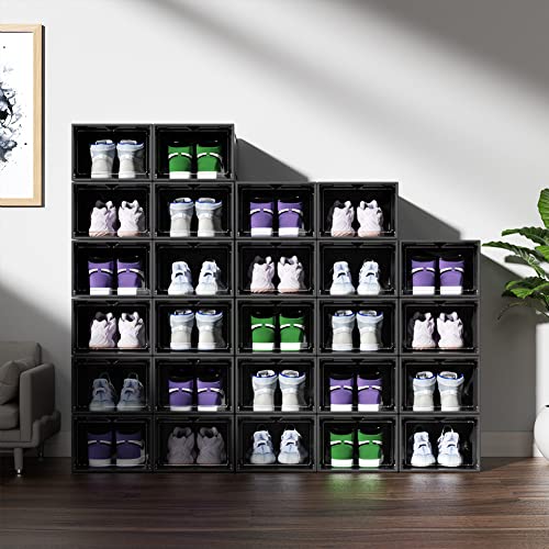 OKR Shoe Storage Box, 8 Pack Boxes Clear Plastic Stackable, Organizer with Magnetic Door, Containers and Sneaker for Men/Women, Fit up to US Size 12(13.4βx 10.6βx 7.5β)Black, Transparent
