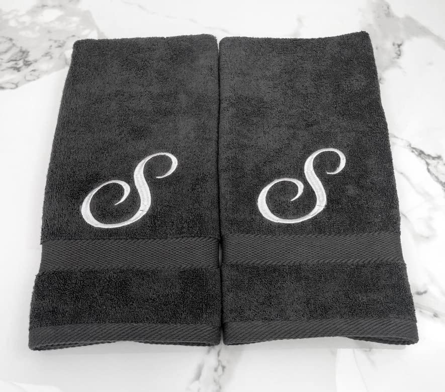 Liberty21 Monogrammed Personalized Name Hand Towels. Custom Embroidered Towels. Set of Two. (Grey)