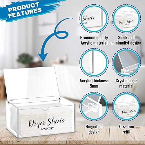 HappyPals Clear Acrylic Dryer Sheet Holder, Laundry Room Organizer, Clear Acrylic Box with lid, Clear Dryer Sheet Dispenser, Clear Acrylic Container