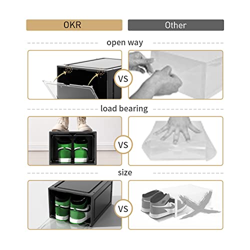 OKR Shoe Storage Box, 8 Pack Boxes Clear Plastic Stackable, Organizer with Magnetic Door, Containers and Sneaker for Men/Women, Fit up to US Size 12(13.4βx 10.6βx 7.5β)Black, Transparent