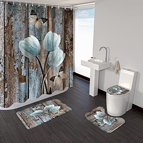 4 Piece Fun Butterfly Vintage Wooden Floral Tulip Flower Shower Curtains Sets with Non-Slip Rugs, Toilet Lid Cover and Bath Mat, Bathroom Sets with Shower Curtain and Rugs and Accessories