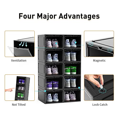 OKR Shoe Storage Box, 8 Pack Boxes Clear Plastic Stackable, Organizer with Magnetic Door, Containers and Sneaker for Men/Women, Fit up to US Size 12(13.4βx 10.6βx 7.5β)Black, Transparent