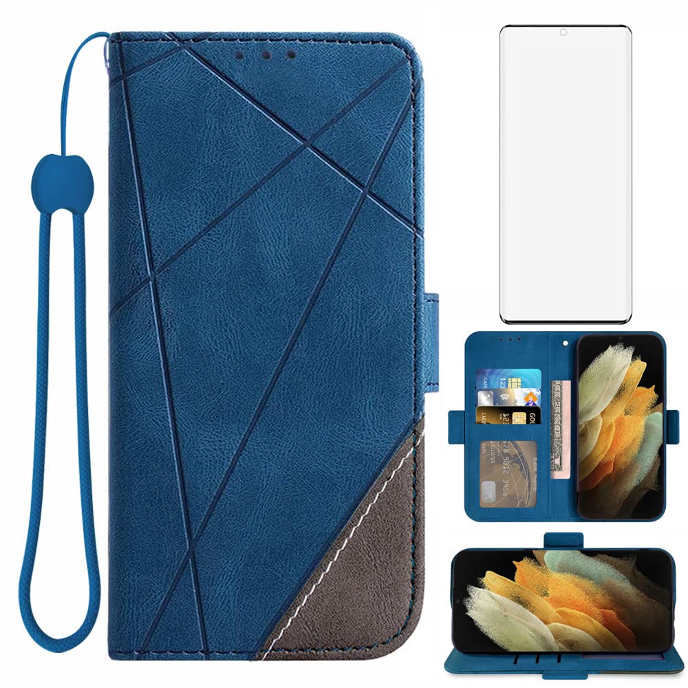 Compatible with Samsung Galaxy S21 Ultra 5G Wallet Case and Tempered Glass Screen Protector Wrist Strap Leather Flip Card Holder Stand Cell Phone Cover for S21ultra 21S S 21 21ultra G5 Women Men Blue