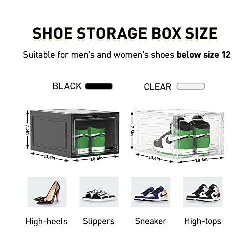 OKR Shoe Storage Box, 8 Pack Boxes Clear Plastic Stackable, Organizer with Magnetic Door, Containers and Sneaker for Men/Women, Fit up to US Size 12(13.4βx 10.6βx 7.5β)Black, Transparent