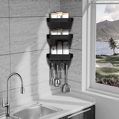 3 Pack Shower Caddy With Hooks, Adjustable Shower Corner Caddy Rack Storage Shelves, Adhesive Shower Caddies Basket Shampoo Holder Hanging, Shower Shelf Basket Bathroom/Kitchen Spice Organizer-Black