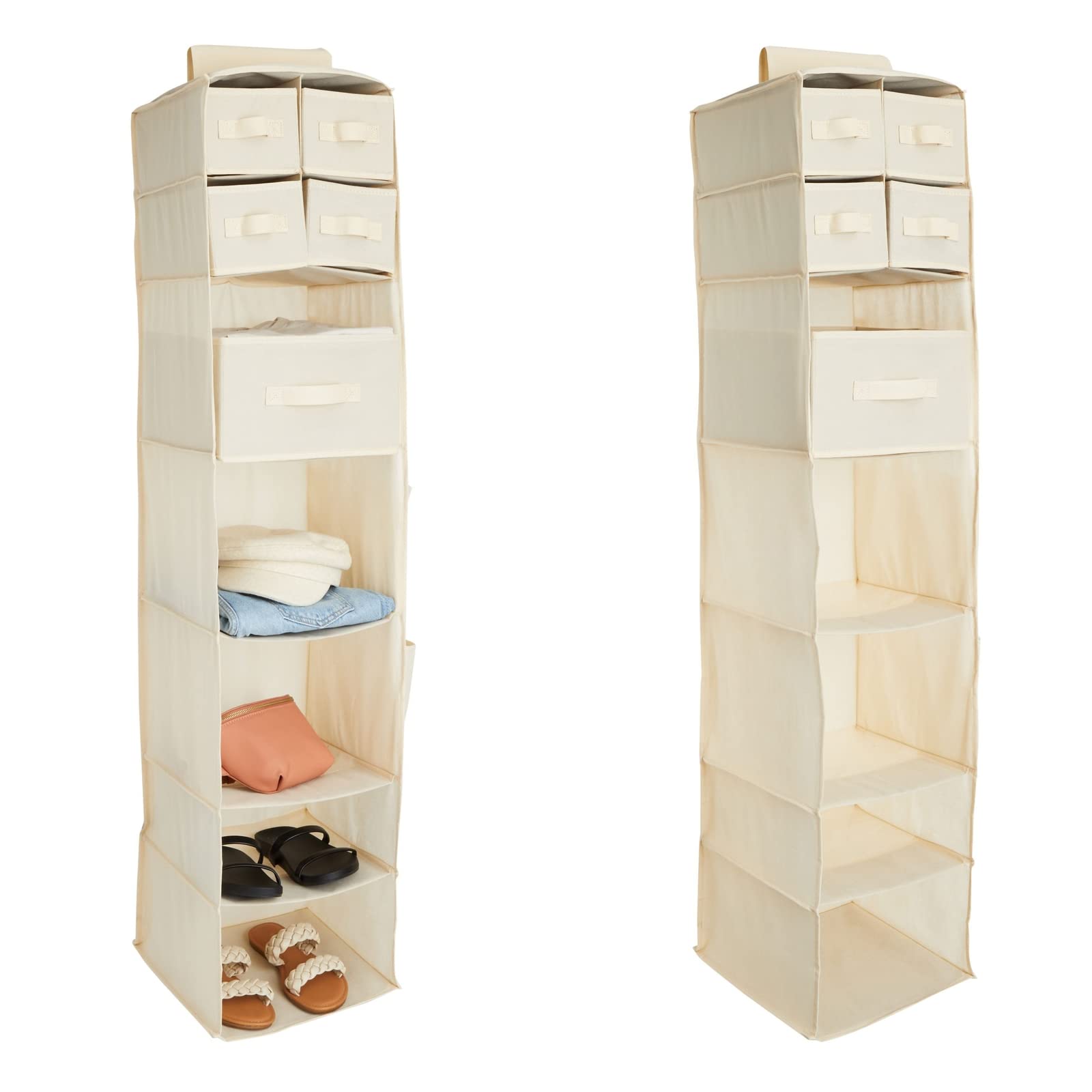 Juvale 2-Pack 7-Shelf Hanging Closet Organizer with 5 Drawers, 4 Shelves, and 4 Side Pockets, Foldable Non-Woven Cloth Storage for Bedroom and Hallway Closets (11.8x11.8x51 in, Beige)