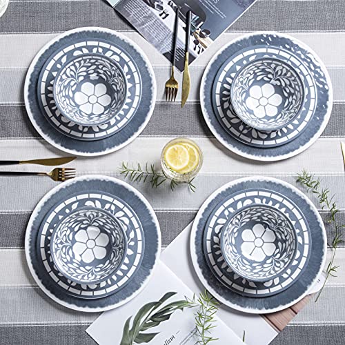 Yinshine Melamine Dinnerware Sets - Melamine Plates and Bowls Set for Daily use, Camping RVing Dishes Set, Grey