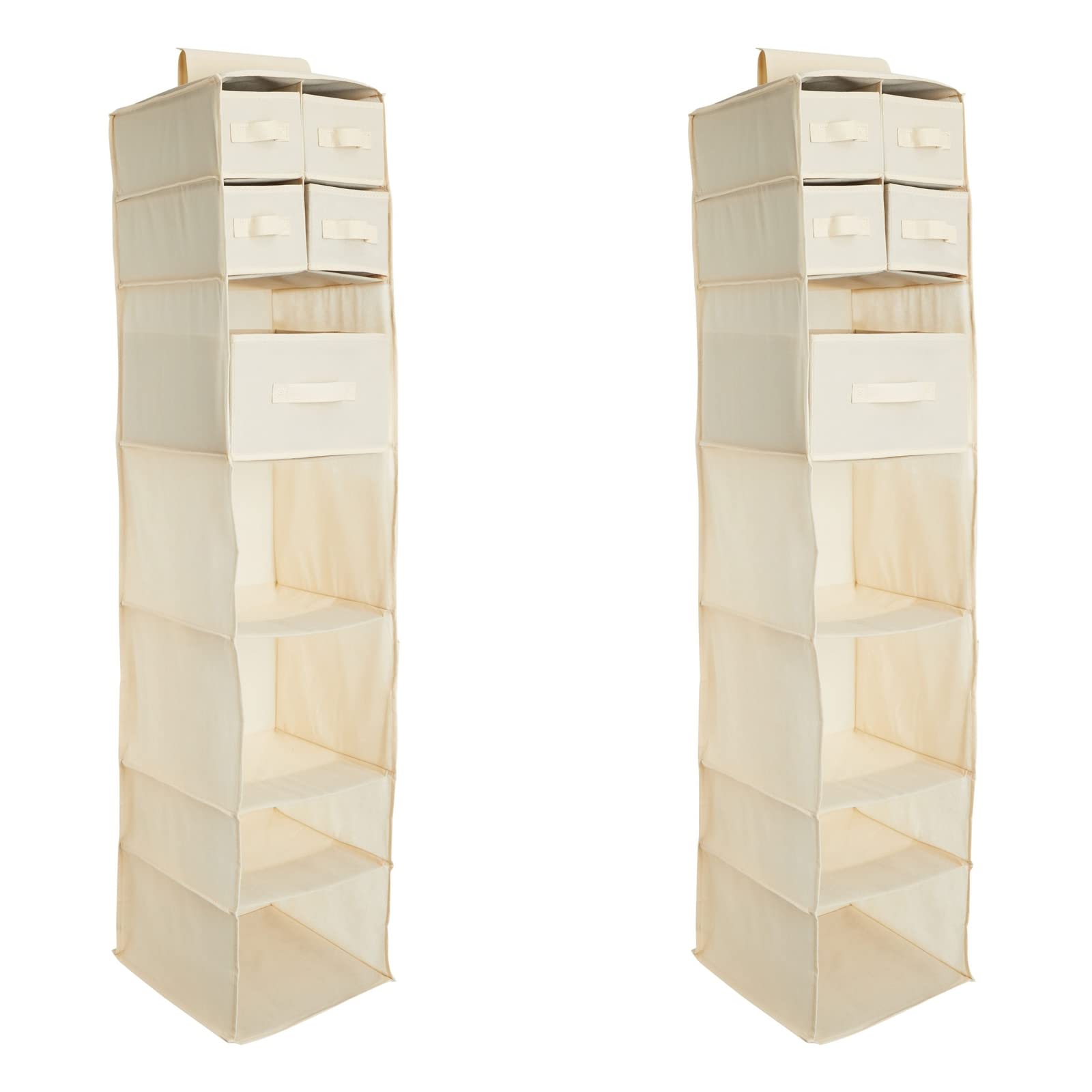 Juvale 2-Pack 7-Shelf Hanging Closet Organizer with 5 Drawers, 4 Shelves, and 4 Side Pockets, Foldable Non-Woven Cloth Storage for Bedroom and Hallway Closets (11.8x11.8x51 in, Beige)