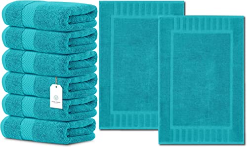 White Classic Luxury Hand Towels | 6 Pack Luxury Bath Mat | 2 Pack Bundle (Aqua)