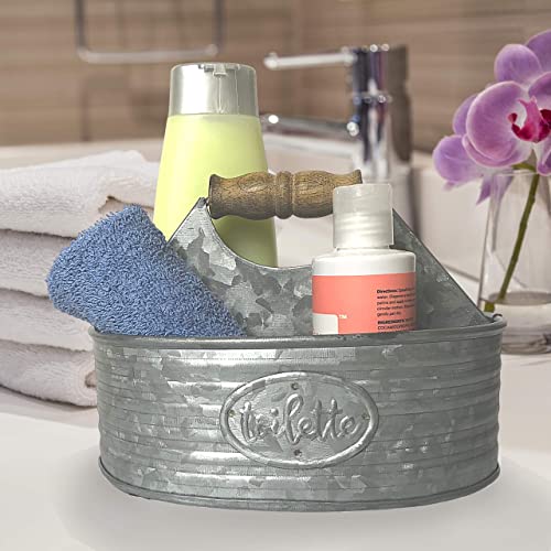 Autumn Alley Farmhouse Rustic Shower Caddy Basket for Bathroom - Toiletries Countertop Organizer, Decorative Bathroom Caddy, Galvanized Bathroom Accessories with Toilette Label, 8.25" x 6", Small