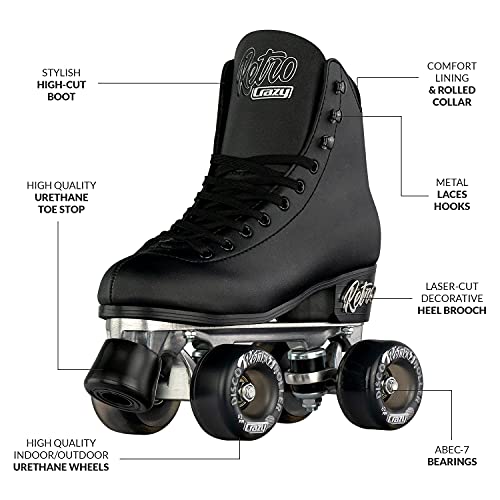 Crazy Skates Retro Roller Skates | Adjustable or Fixed Sizes | Classic Quad Skates for Women and Girls - Black (Size: Mens 12 / Womens 13)