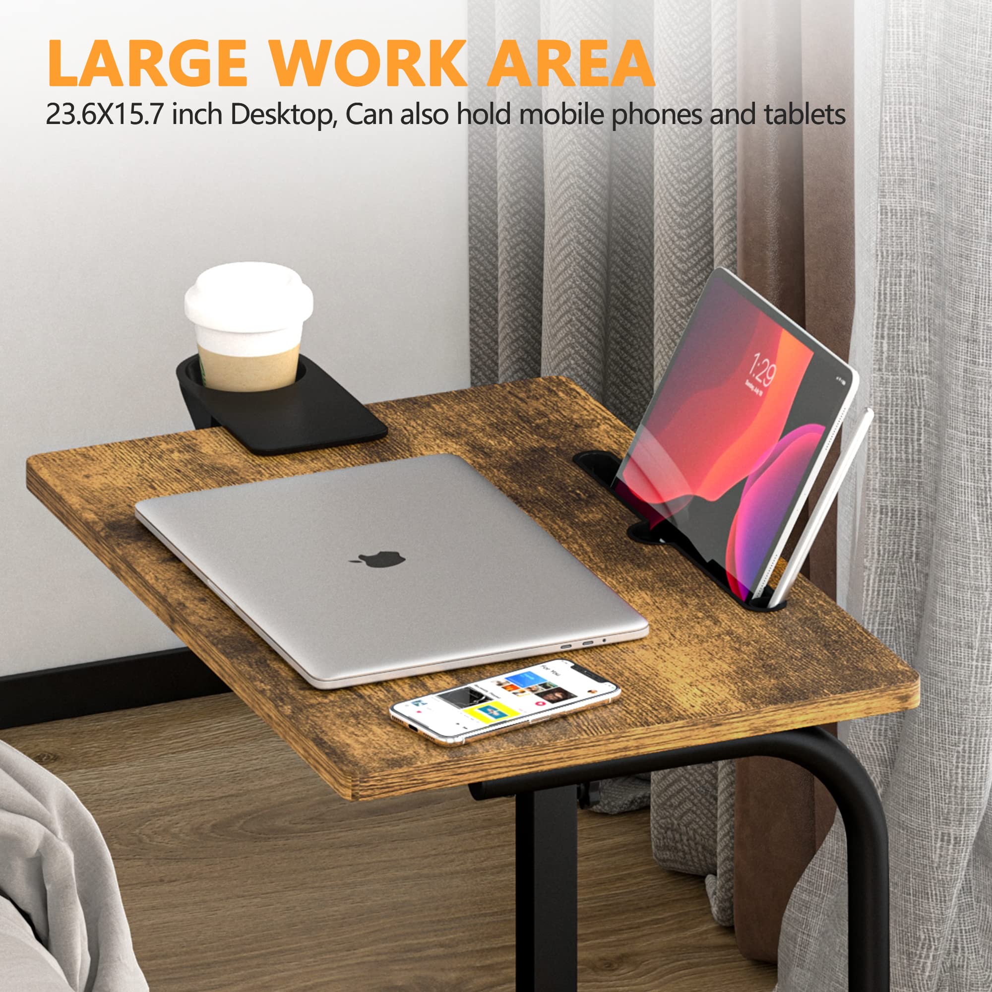 Klvied Mobile Standing Desk, Rolling Desk with Cup Holder, Portable Laptop CouchTable, Small Computer Desk, Bedside Table, Mobile Laptop Stand, Work Desk for Home Office, Walnut