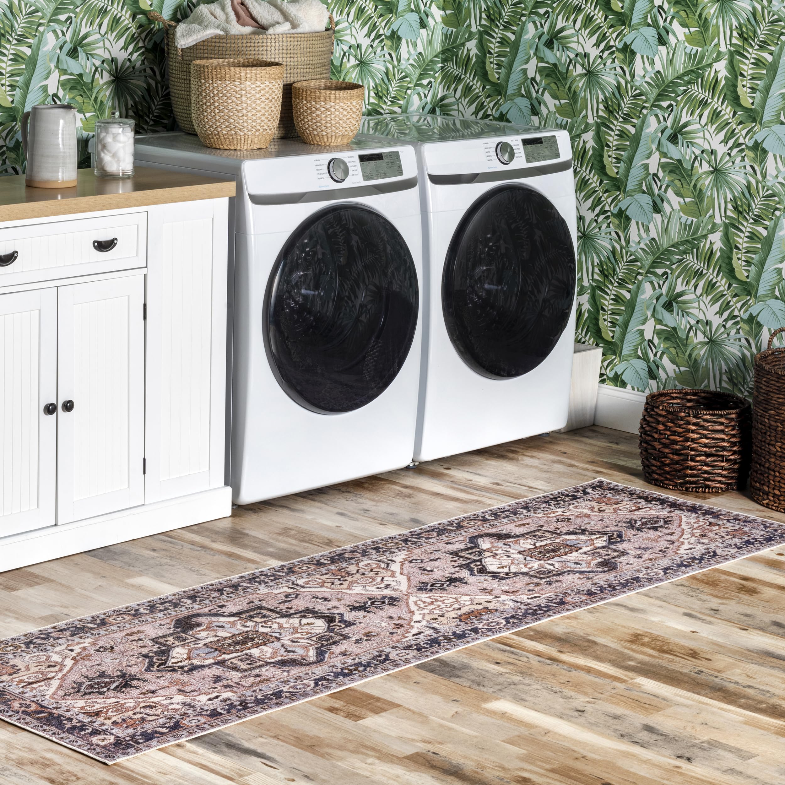 nuLOOM Sasha Machine Washable Medallion Ultra Thin Runner Rug, 2' 6" x 12', Pink