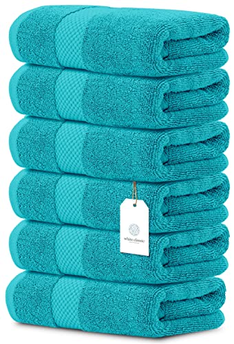 White Classic Luxury Hand Towels | 6 Pack Luxury Bath Mat | 2 Pack Bundle (Aqua)