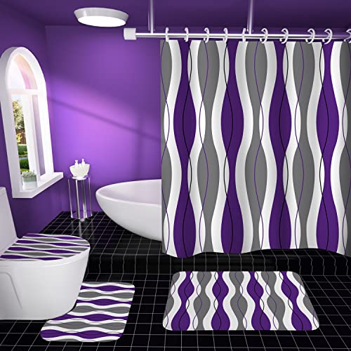 Izayoi 4 Pcs Geometric Shower Curtain Sets Non-Slip Rugs Bath Mat, Toilet Cover, U-Shaped Mat, Abstract Modern Shower Curtain with 12 Hooks, Purplre Bathroom Set