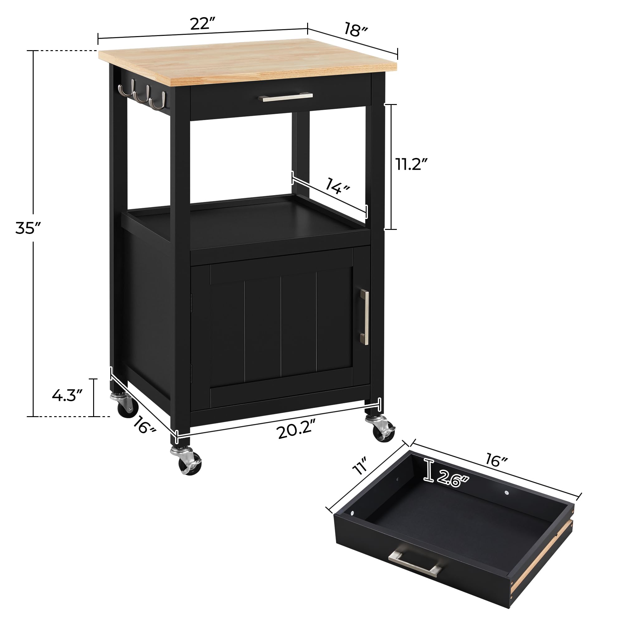 Yaheetech Small Kitchen Island on Wheels with Wood Top and Drawer, Trolley Cart with Open Shelf and Storage Cabinet for Dining Room, 22x18x35 Inches, Black
