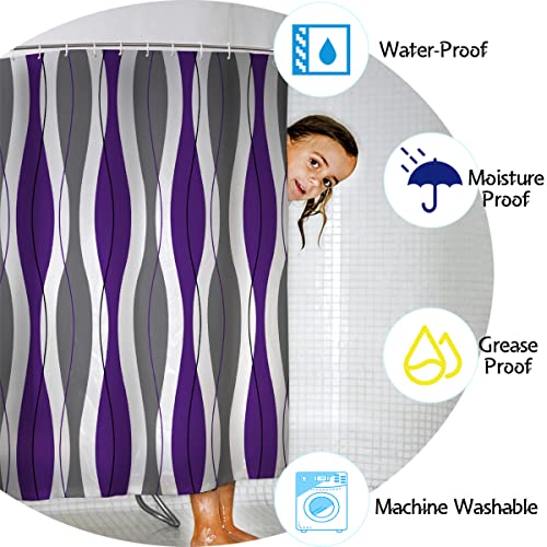 Izayoi 4 Pcs Geometric Shower Curtain Sets Non-Slip Rugs Bath Mat, Toilet Cover, U-Shaped Mat, Abstract Modern Shower Curtain with 12 Hooks, Purplre Bathroom Set