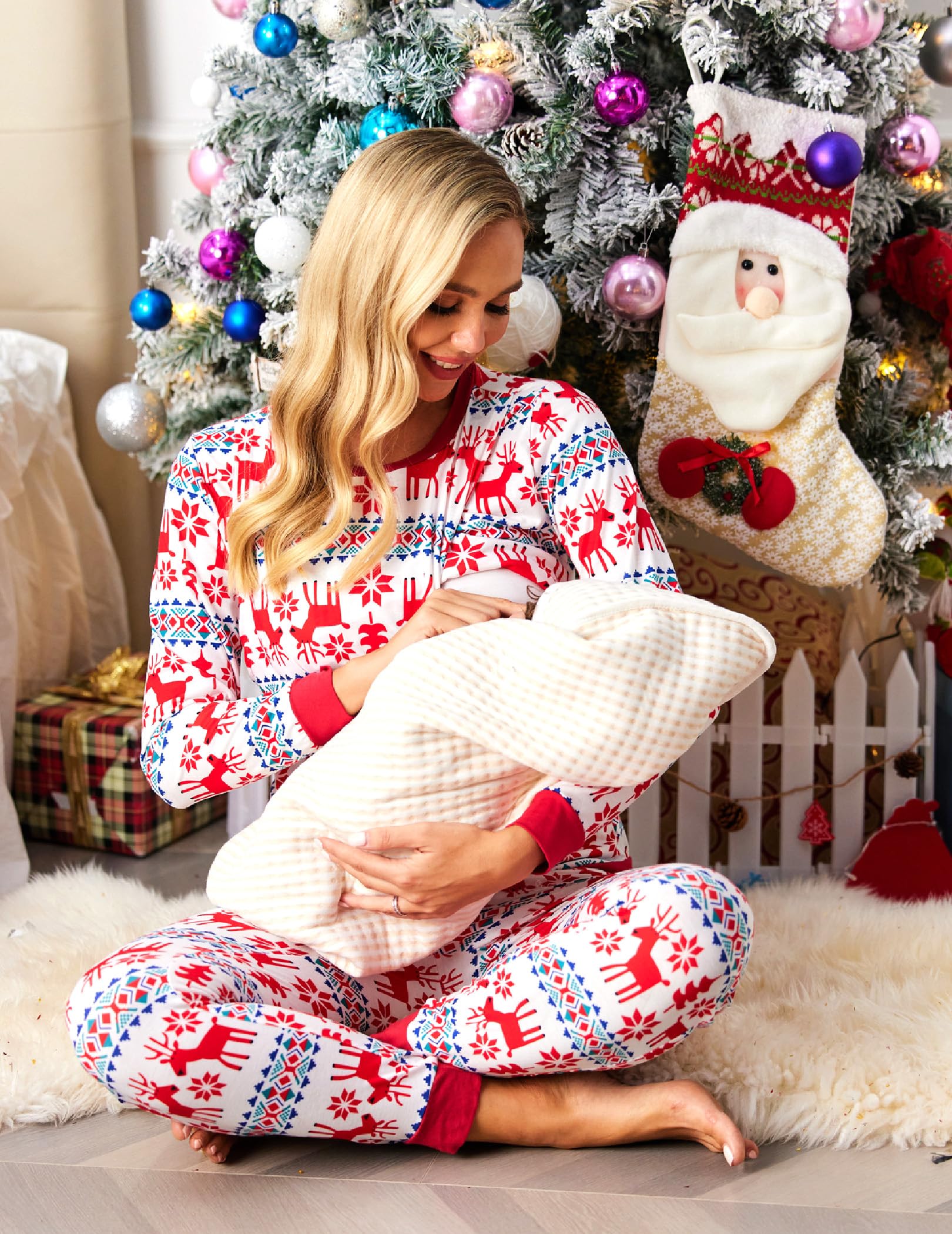 Ekouaer Christmas Pregnancy Pajamas Red Elk Pjs Long Sleeve Nursing Sleepwear for Hospital Christmas Stripe L