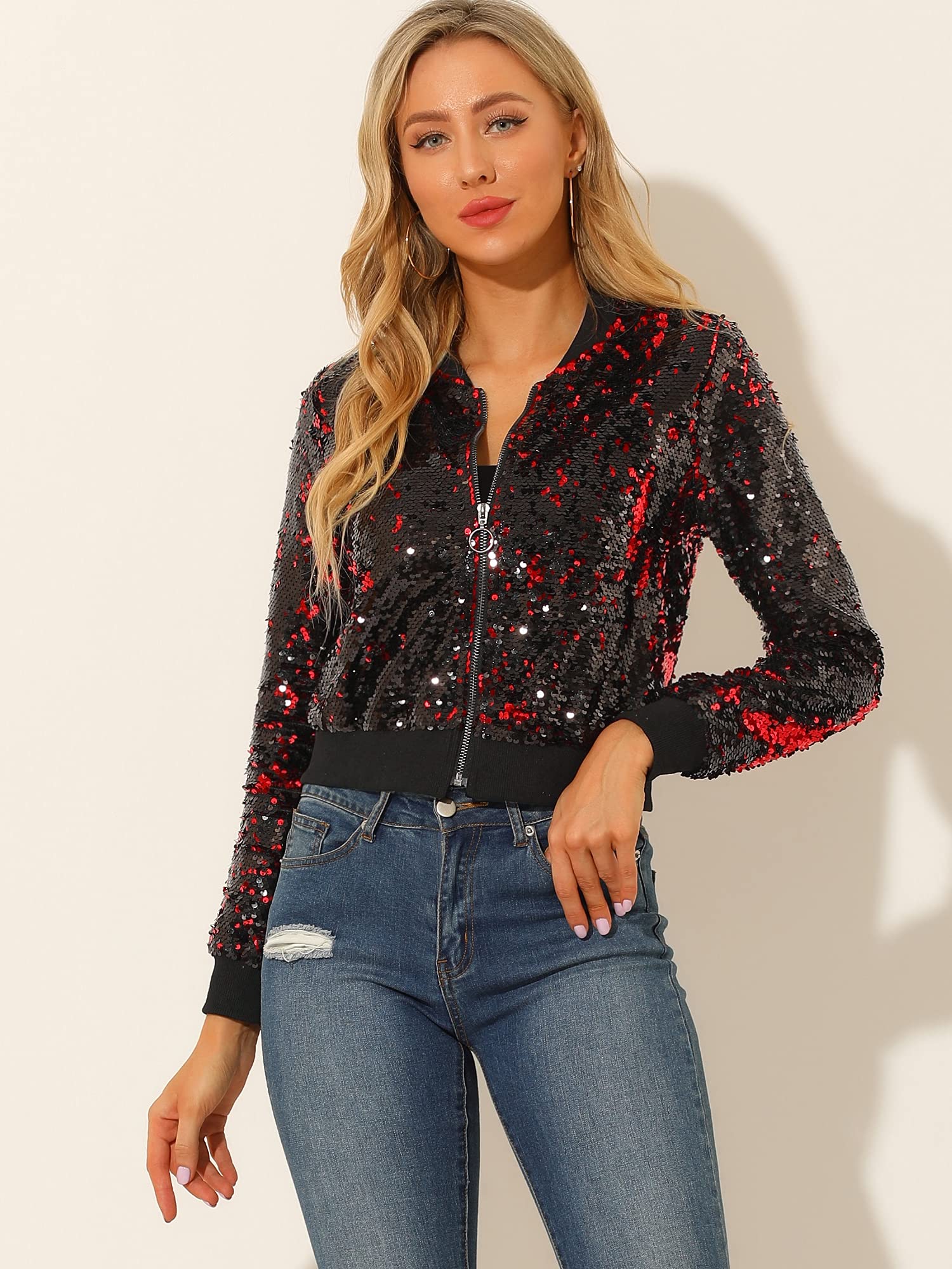 Allegra K Women's Halloween Sequin Jacket 2024 Fall Party Shiny Glitter Sparkly Bomber Jackets Medium Red