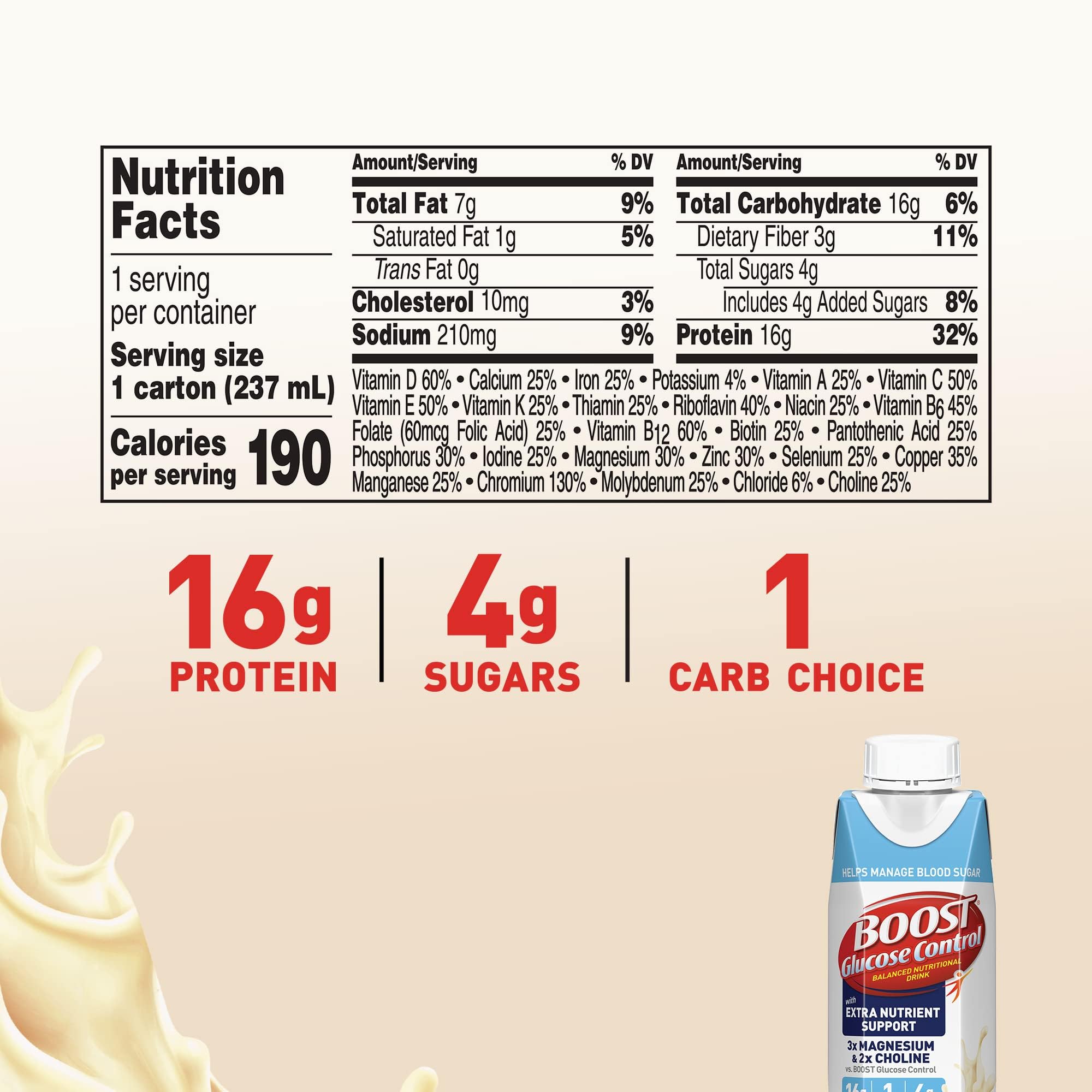 BOOST Glucose Control Ready to Drink Nutritional Drinks with Extra Nutrient Support Drink, Very Vanilla, Carton, 8 Fl Oz, Pack of 24