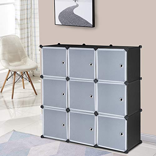 VINGLI Cube Storage, 9 Cubes Organizer Shelves Plastic Closet Cabinet, DIY Modular Storage Cube Organizer w/White Doors for Bedroom Living Room Office, Black