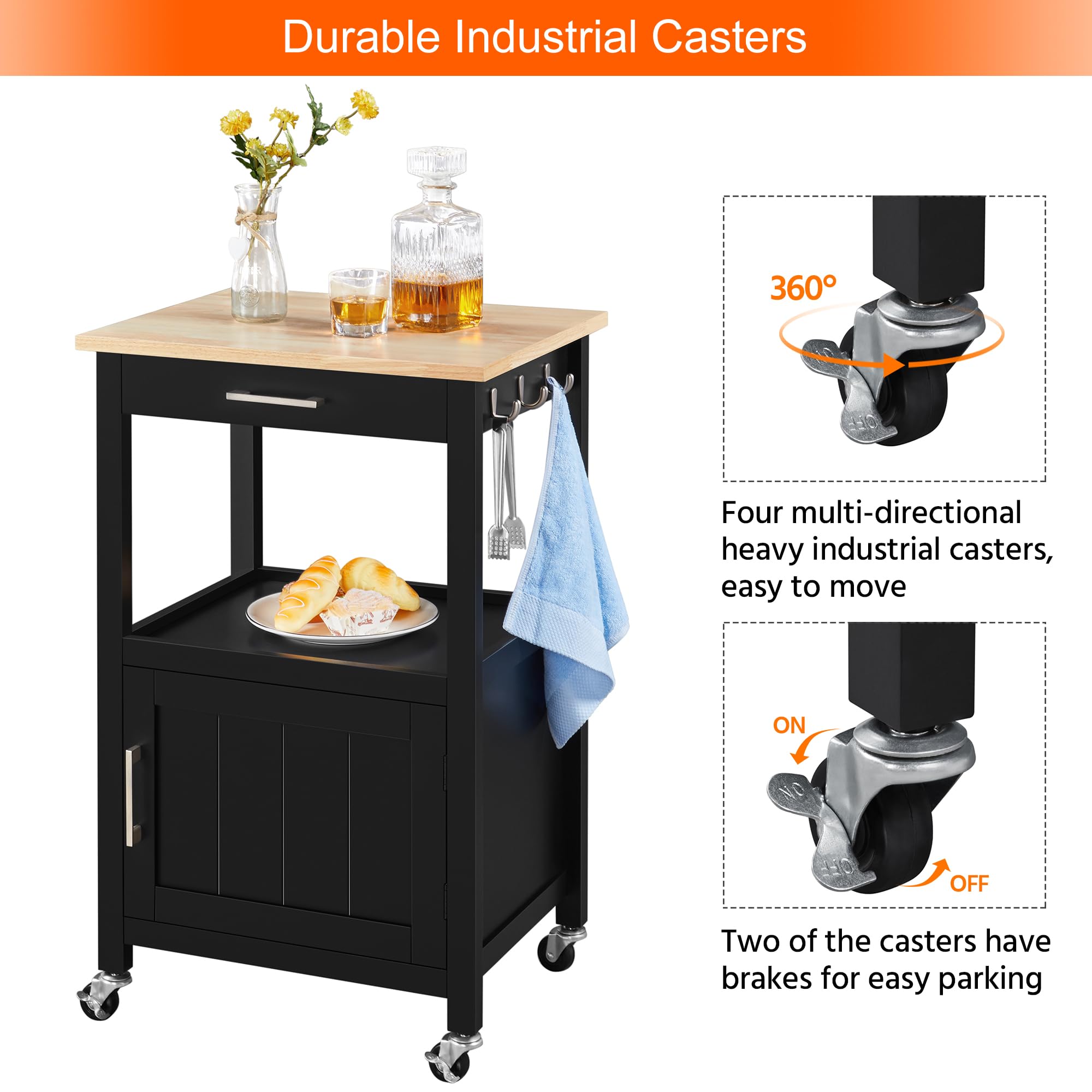 Yaheetech Small Kitchen Island on Wheels with Wood Top and Drawer, Trolley Cart with Open Shelf and Storage Cabinet for Dining Room, 22x18x35 Inches, Black