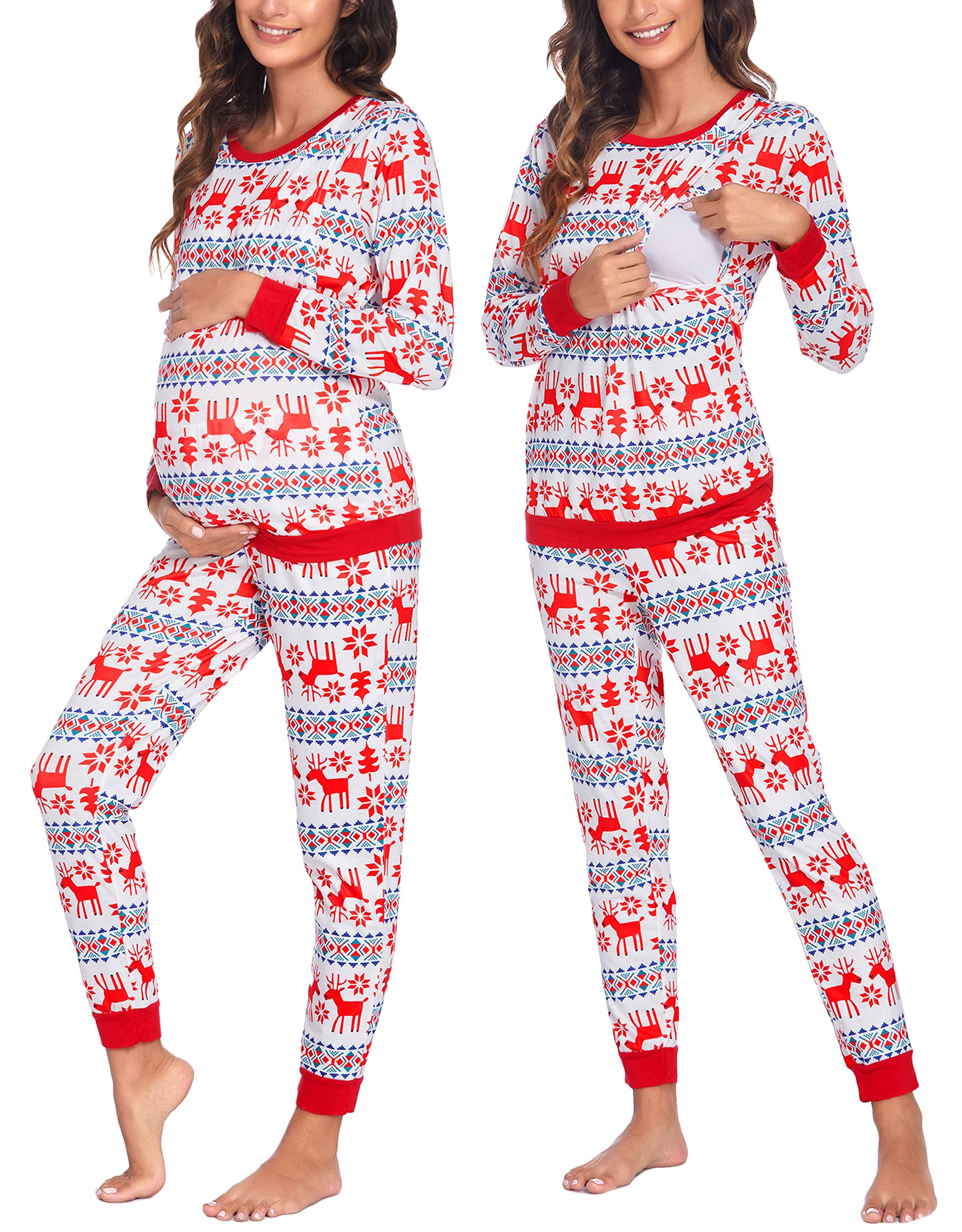 Ekouaer Christmas Pregnancy Pajamas Red Elk Pjs Long Sleeve Nursing Sleepwear for Hospital Christmas Stripe L
