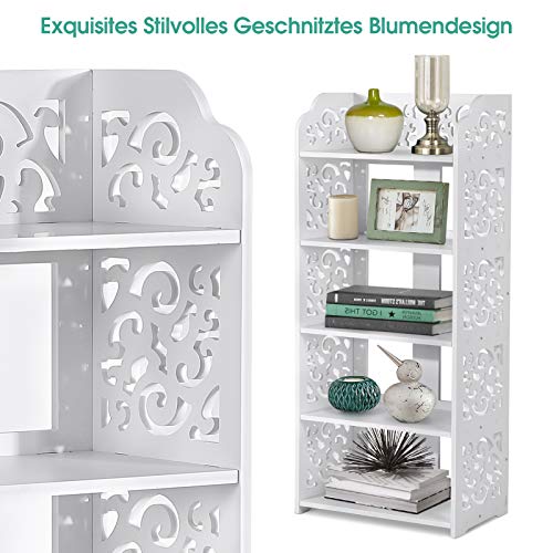 Yosooo 5 Tier Wood Plastic Carved Shoe Rack,White Shoe Cabinet Tall CD Display Storage Organizer Stand Bookshelf